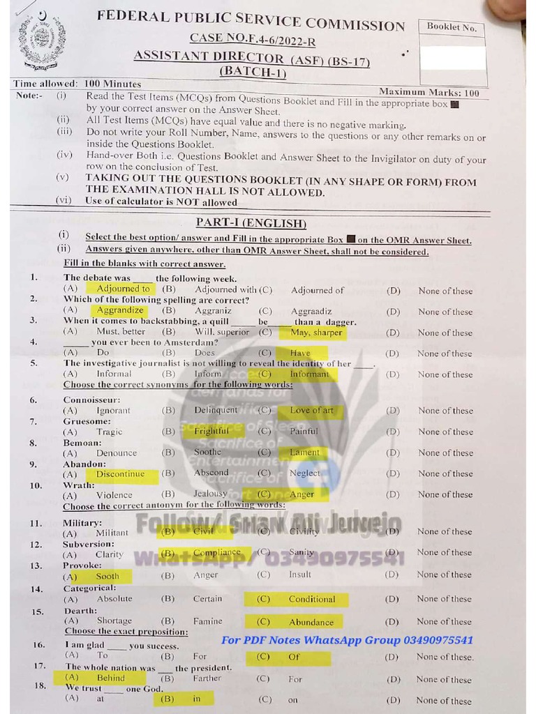 ASF Assistant Director Original Solved Past Paper | PDF