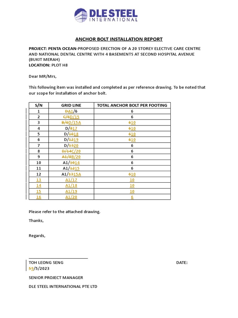 Anchor Bolt Installation Report | PDF