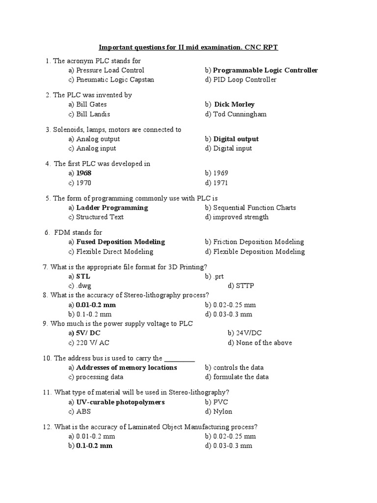 CNC & RPT II Mid Question Paper With Answers | PDF | Programmable Logic Controller | 3 D Printing