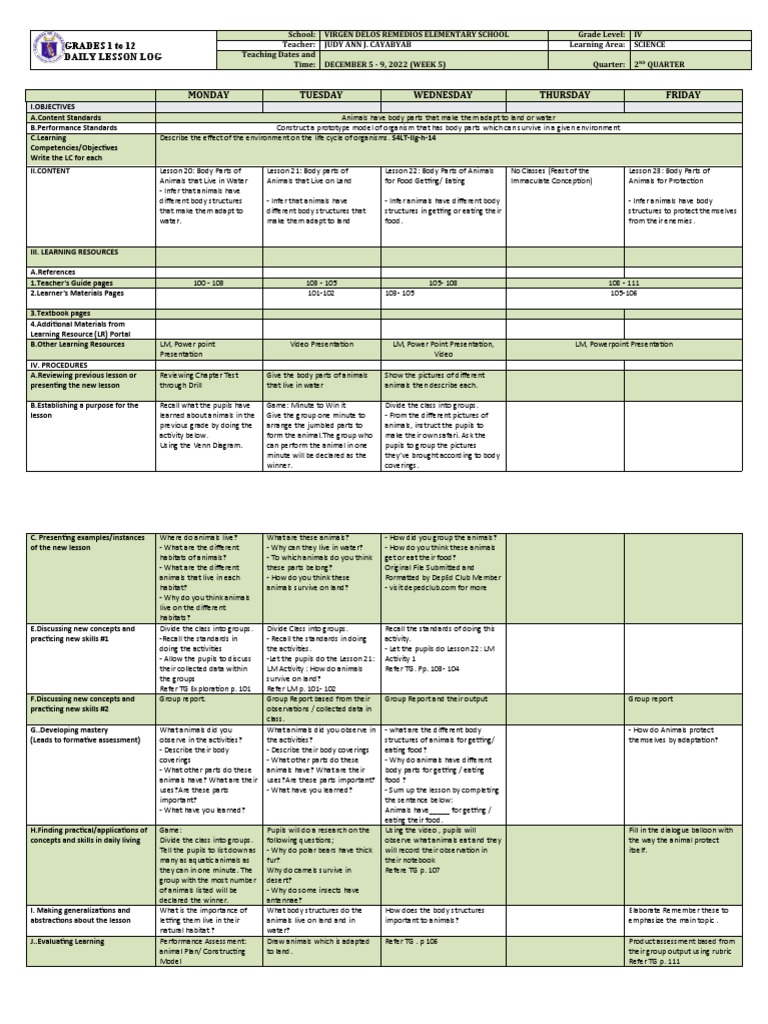 DLL - Science 4 - Q2 - W5 | PDF | Learning | Differentiated Instruction
