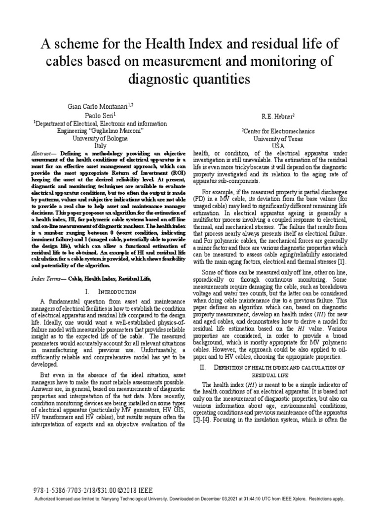 A Scheme For The Health Index and Residual Life of Cables Based On ...