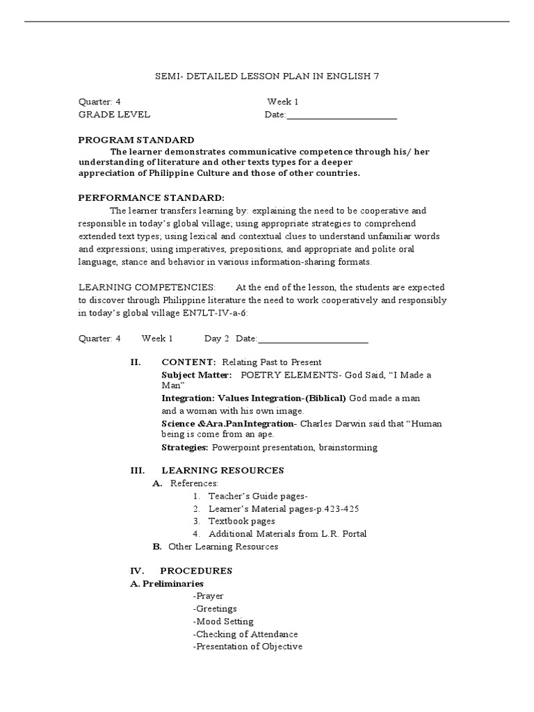 English 7 Lesson Plan: Poetry Elements | PDF | Poetry | Linguistics