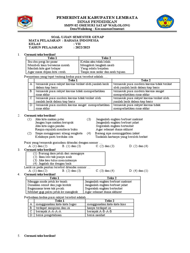 Soal Pat BHS Indo 7 | PDF