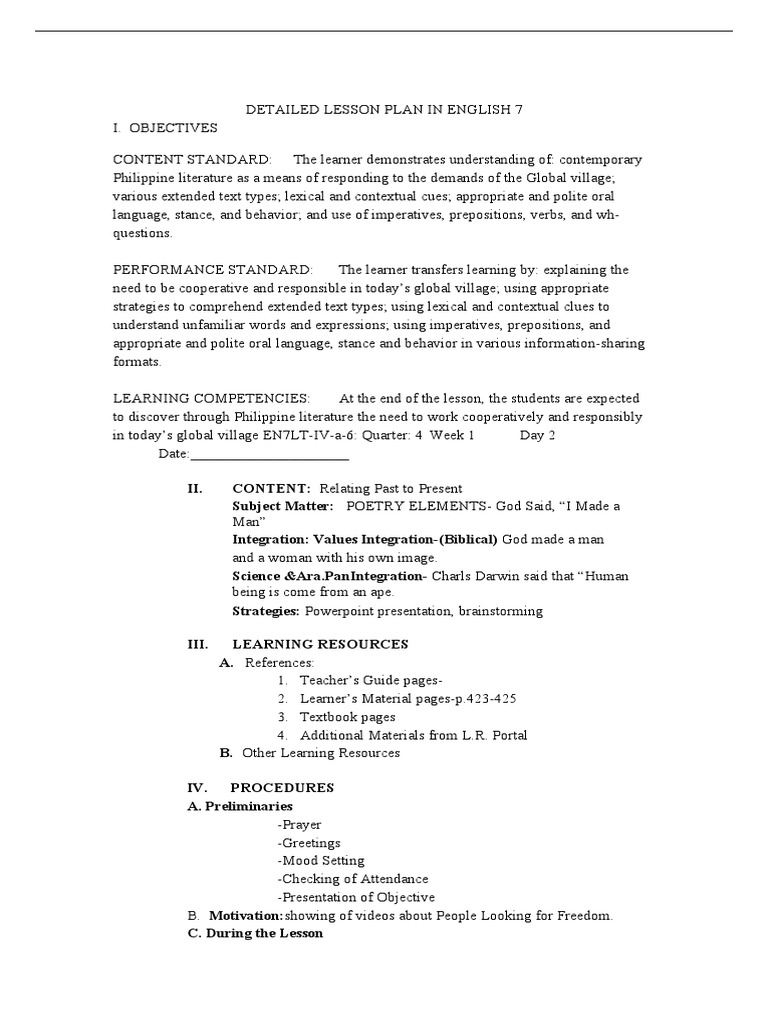 English 7 Detailed Lesson Plan Day 2 | PDF | Poetry | Human Communication