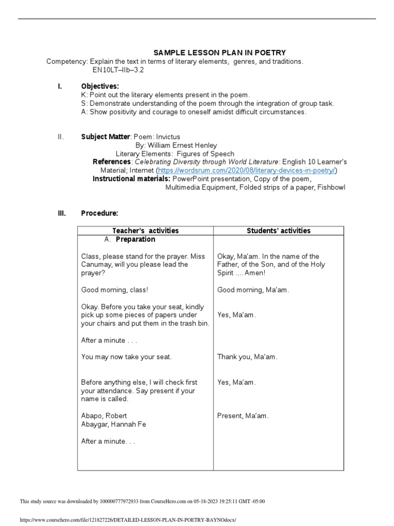 Detailed Lesson Plan in Poetry Bayno | PDF
