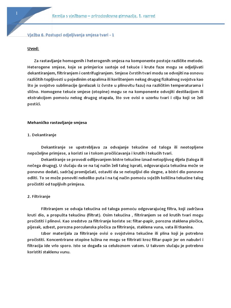 Vjezba 6 Metode Ciscenja I Odjeljivanja | PDF