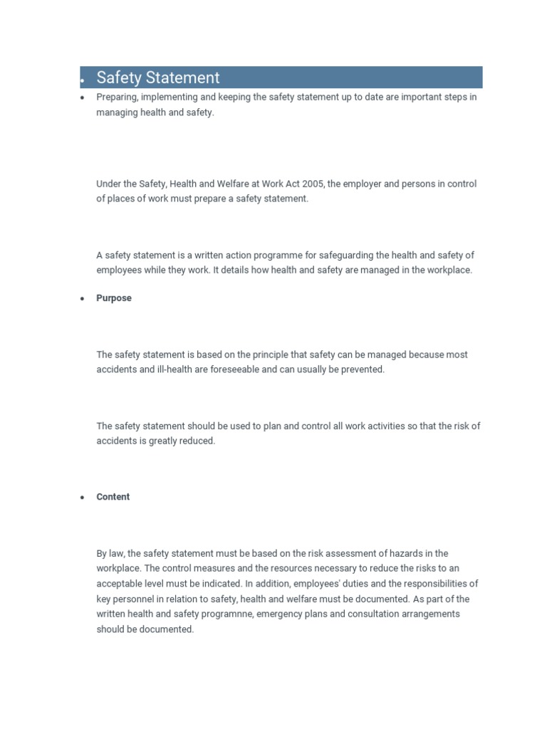 Workplace Safety Statement Guide | PDF | Occupational Safety And Health ...
