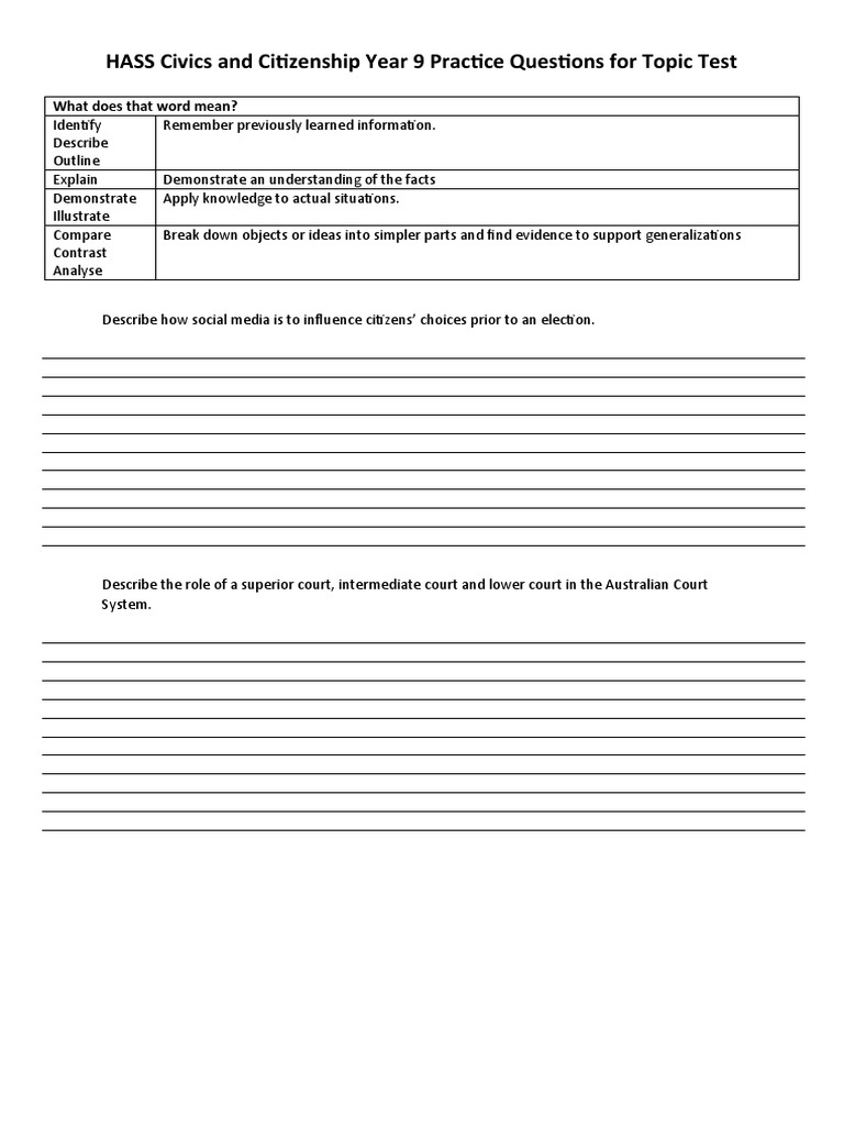 Year 9 Civics & Citizenship Test Prep | PDF