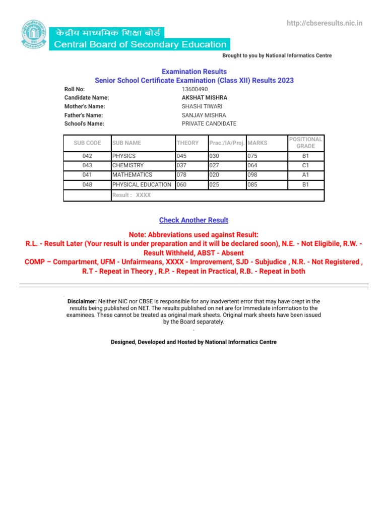CBSE - Senior School Certificate Examination (Class XII) Results 2023 ...