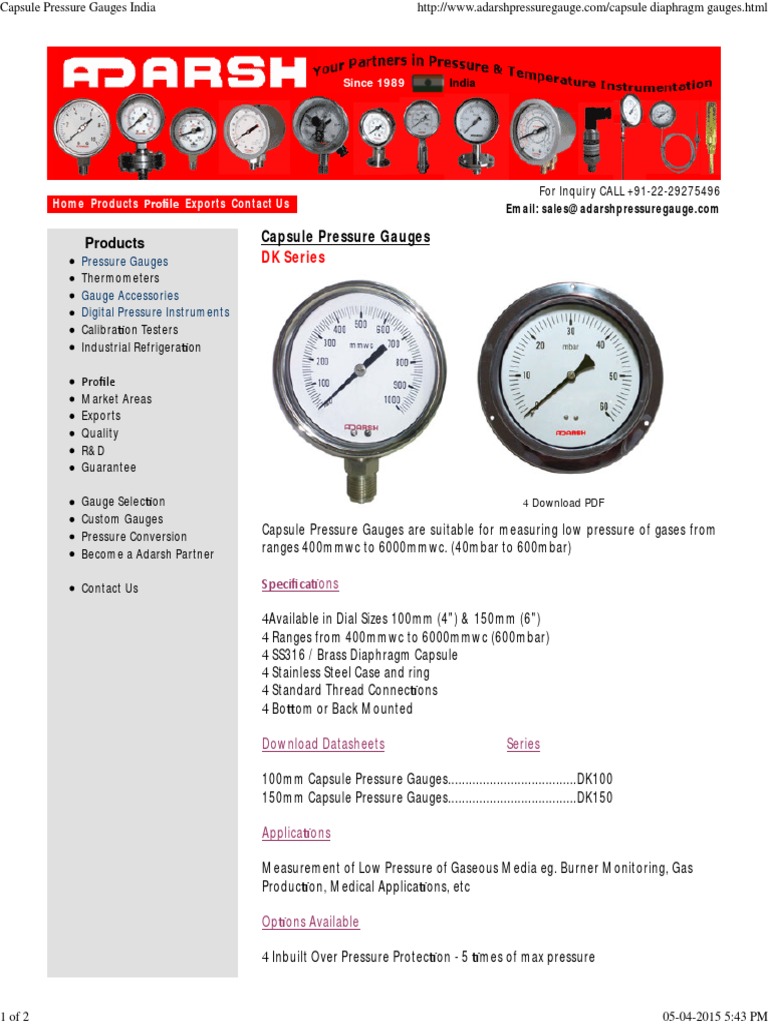 Capsule Pressure Gauges India | PDF | Pressure Measurement | Phases Of ...