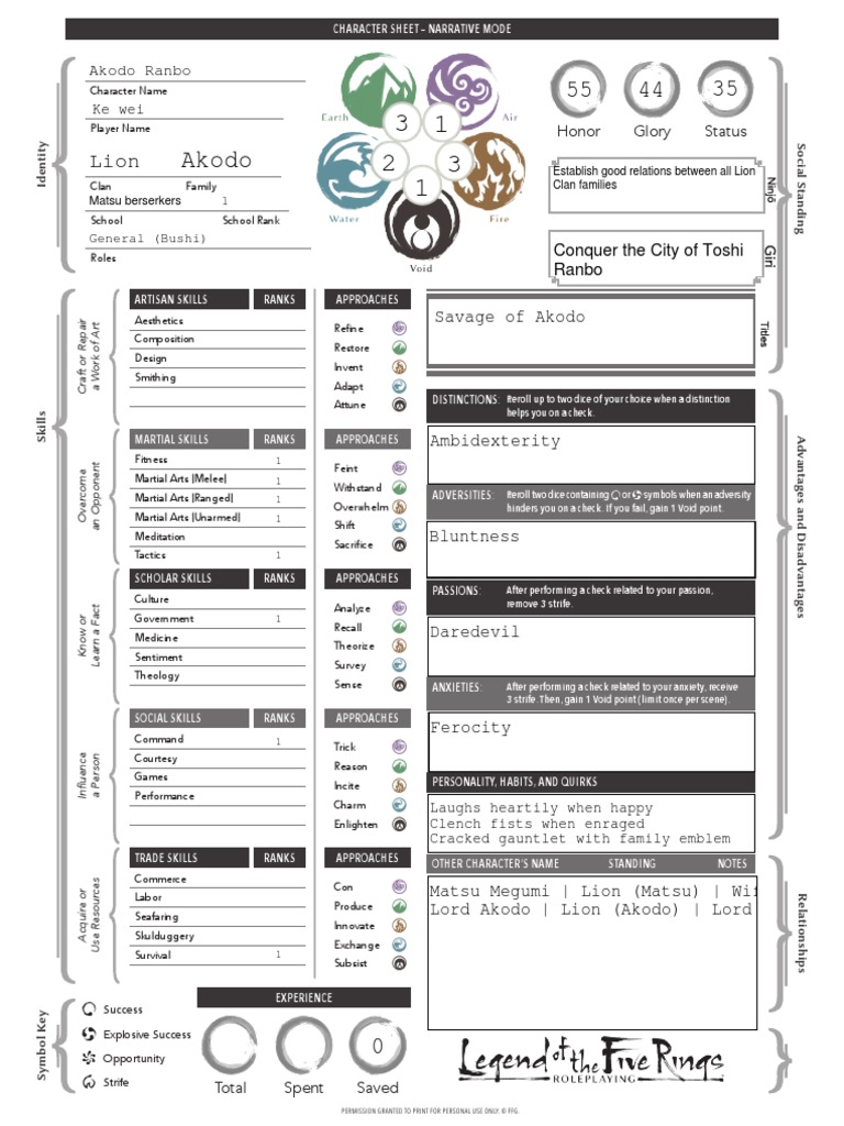 Legend of The Five Rings Form Fillable Character Sheet 5E | PDF