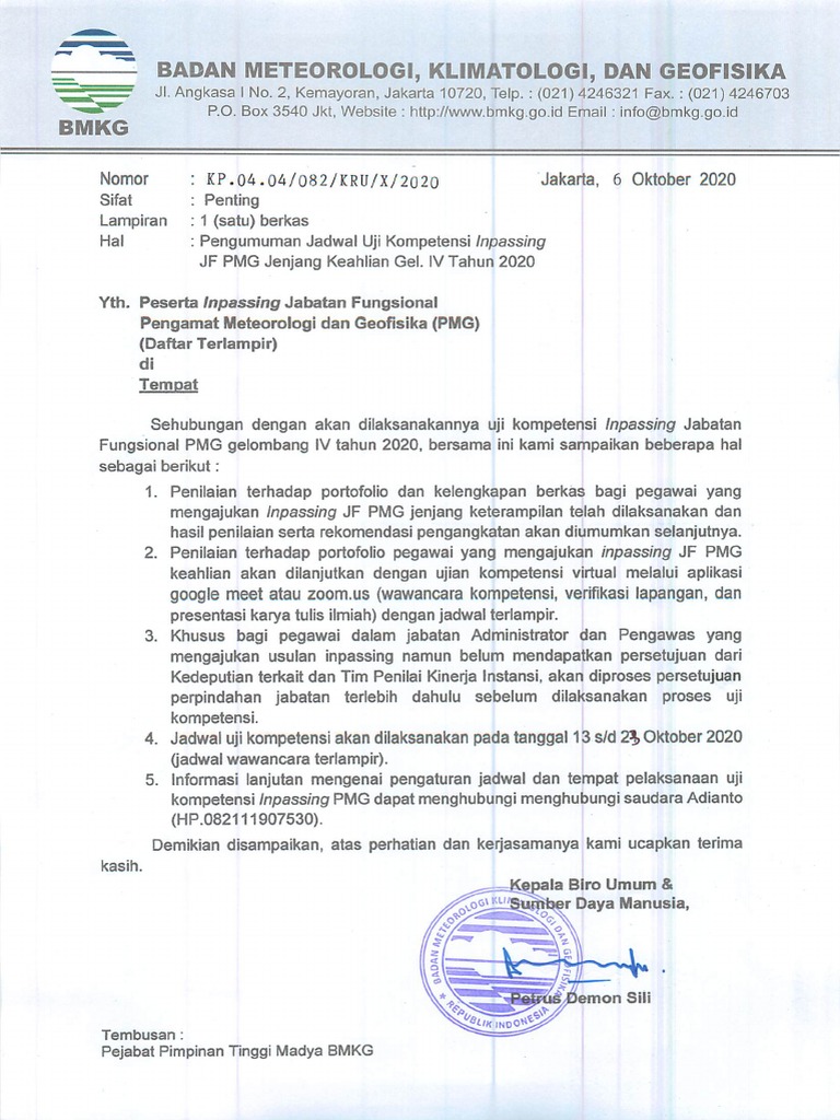 Surat Pengumuman Jadwal Uji Kompetensi Inpassing JF PMG Jenjang Gel IV Tahun 2020 | PDF