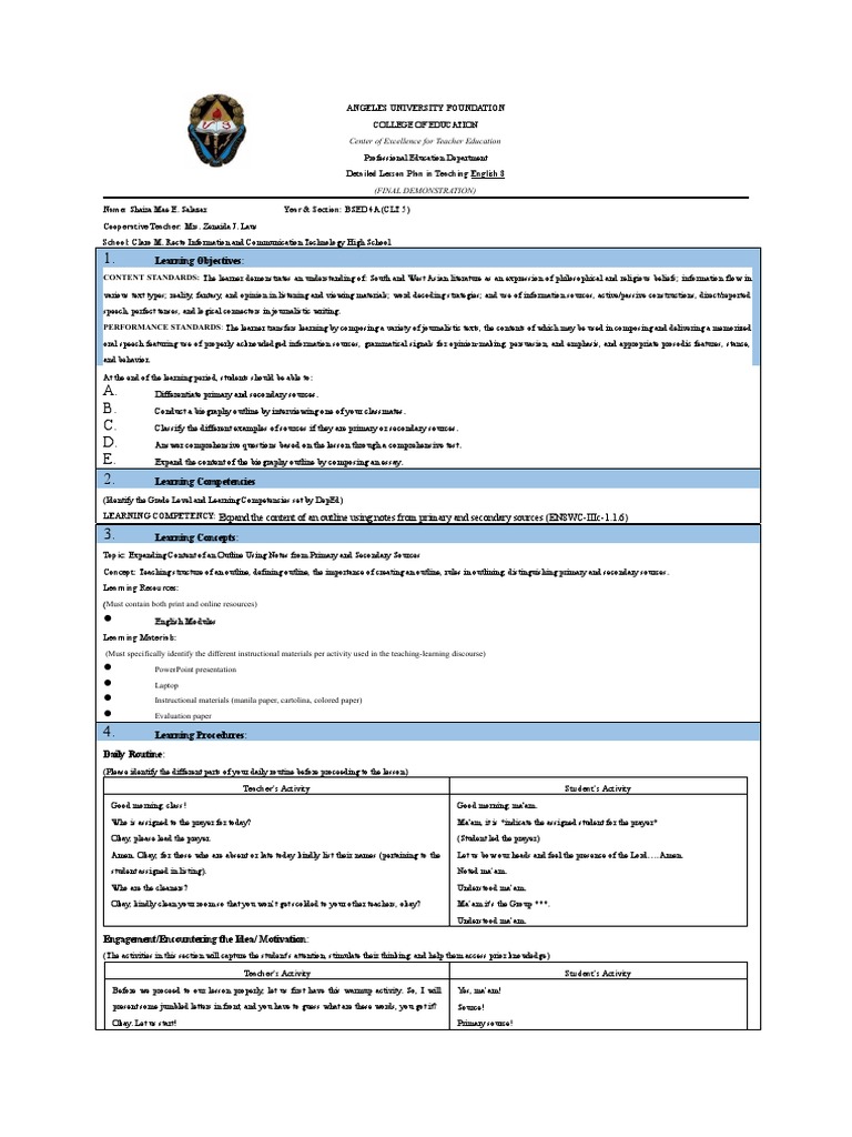 Salazar - FS3 - DetailedLP#16 (Executed) (Final Demo) | PDF | Learning | Primary Sources