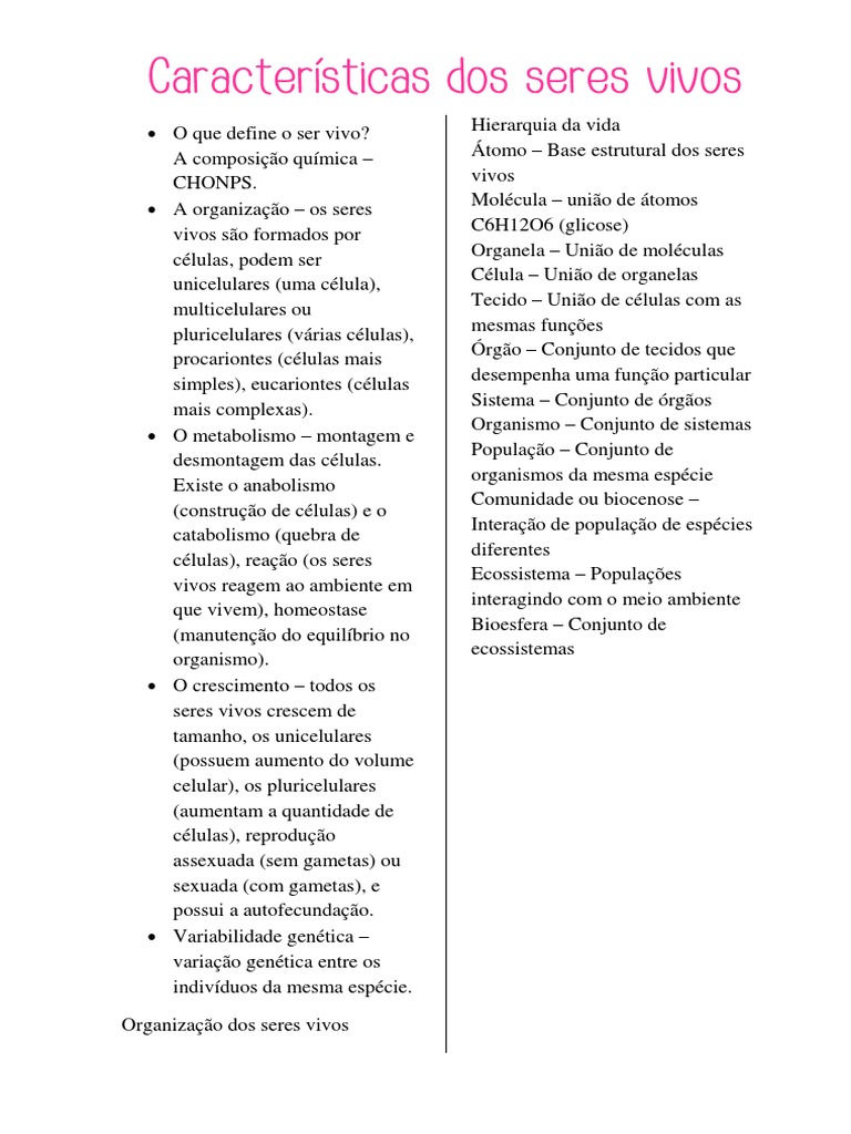 Características Dos Seres Vivos | PDF