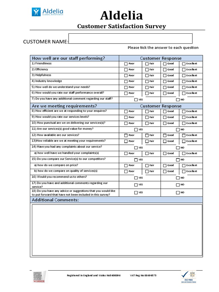 Customer Satisfaction Survey ISO9001 Template | PDF | Customer ...