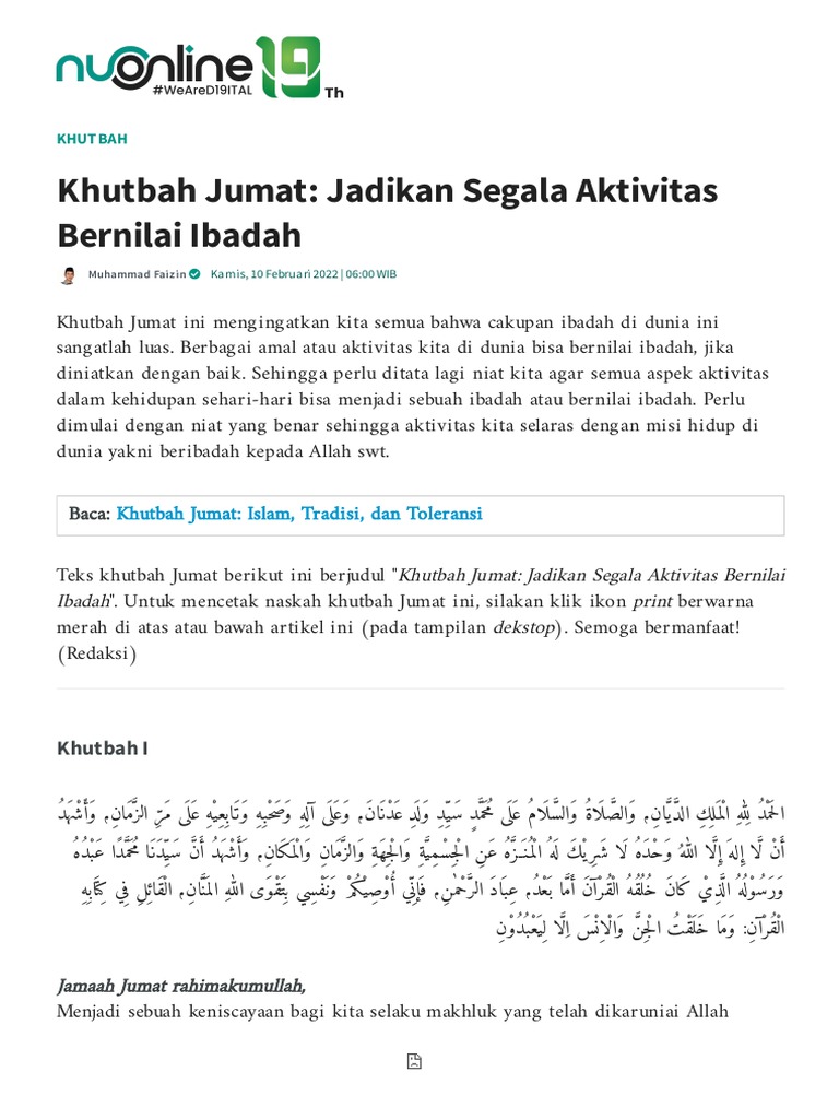 Khutbah Jumat - Jadikan Segala Aktivitas Bernilai Ibadah - NU Online | PDF