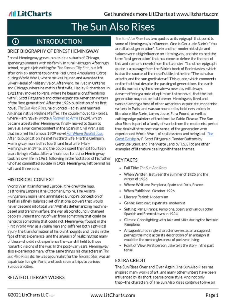 The Sun Also Rises LitChart | PDF | Ernest Hemingway