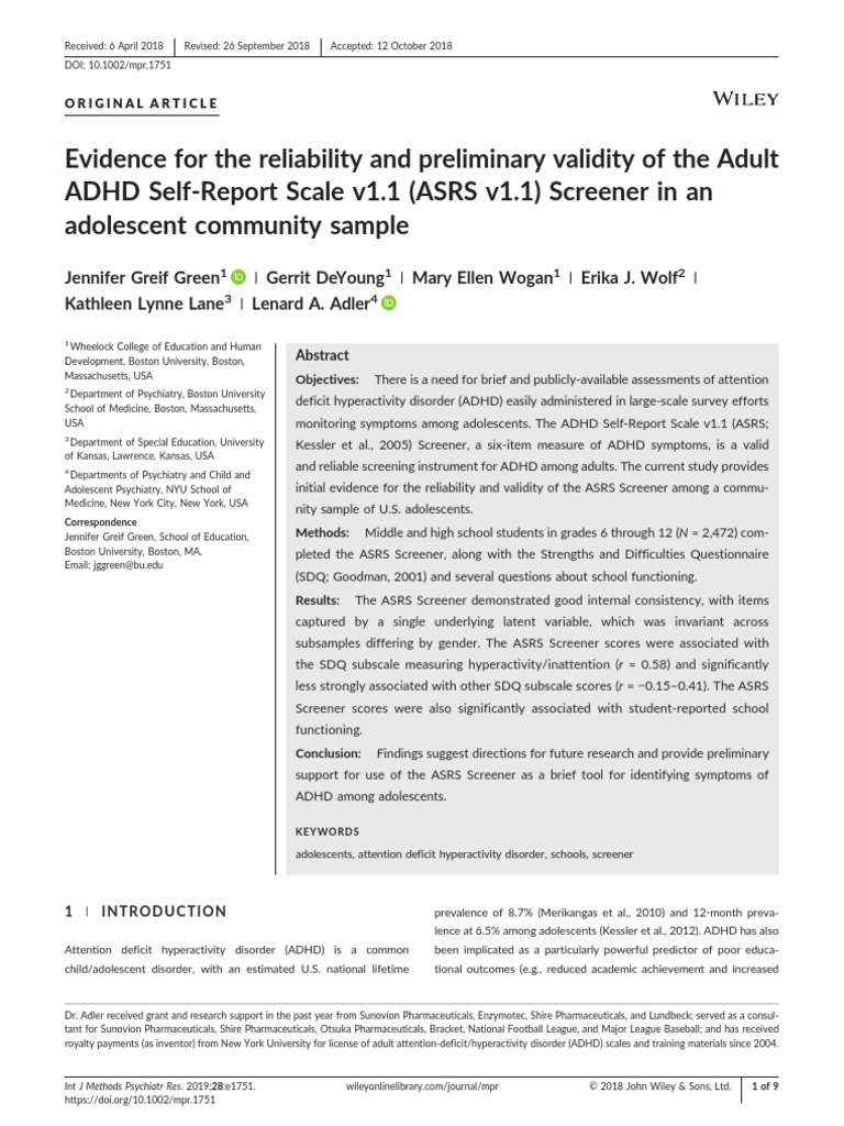 Evidence For The Reliability and Preliminary Validity of The Adult ADHD ...