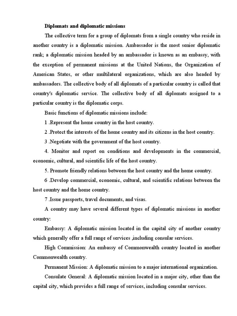 Understanding Diplomatic Missions and Roles | PDF | Diplomatic Mission ...