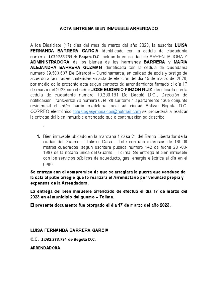 Acta Entrega Jose Pinzon | PDF