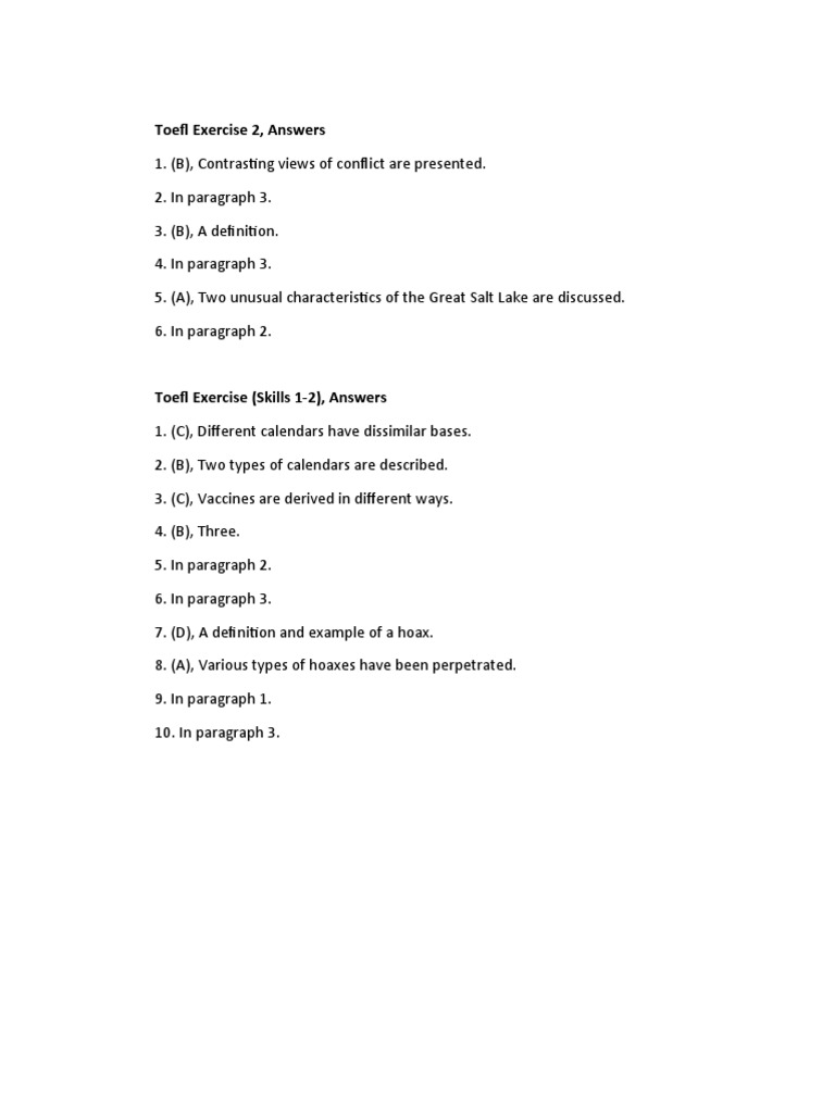 TOEFL Exercise Answer Key | PDF | Teaching Methods & Materials
