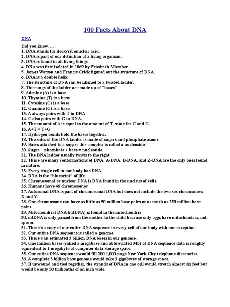 100 Facts About DNA | PDF | Human Genome | Dna