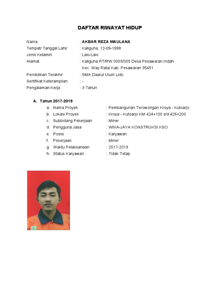 Daftar Riwayat Hidup Akbar Reza Maulana | PDF