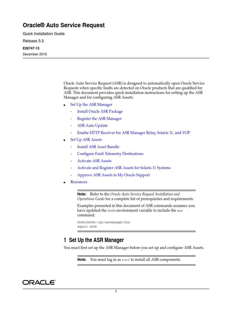 Oracle® Auto Service Request: Quick Installation Guide Release 5.5 | PDF | Oracle Corporation ...