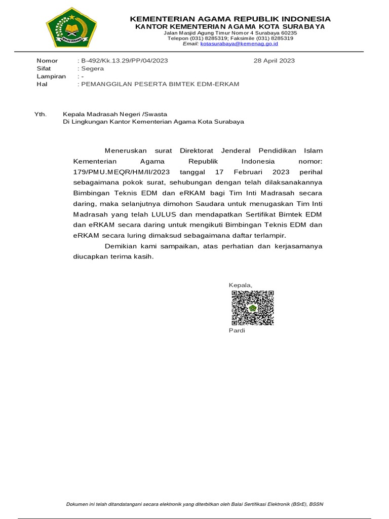 Pemanggilan Peserta Bimtek Edm-Erkam | PDF