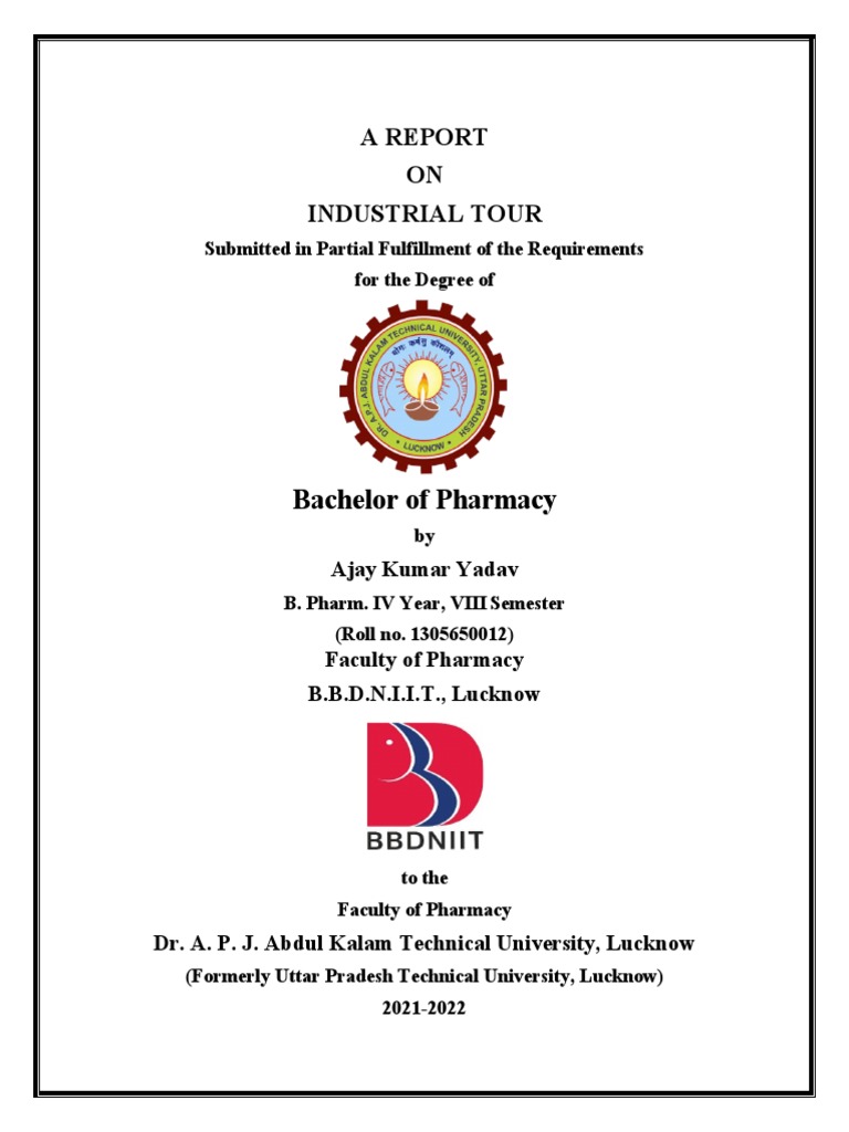 Industrial Training Tour Front Page B.pharm. | PDF