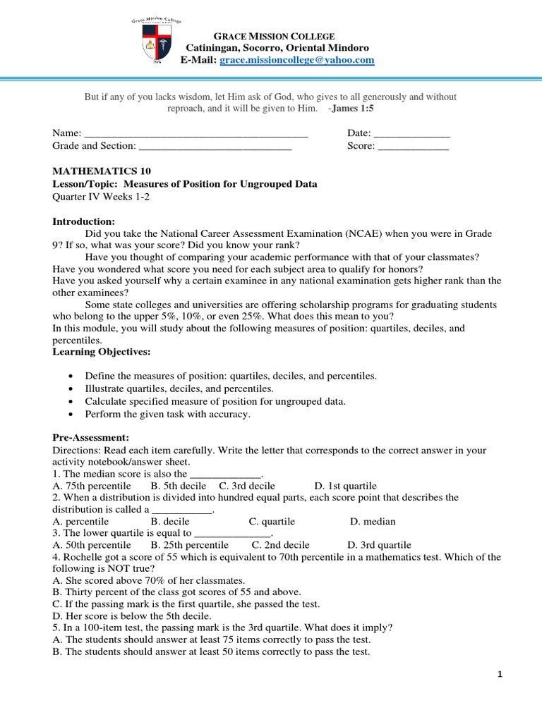 Math 10 q4 Week 1 | PDF | Quartile | Percentile