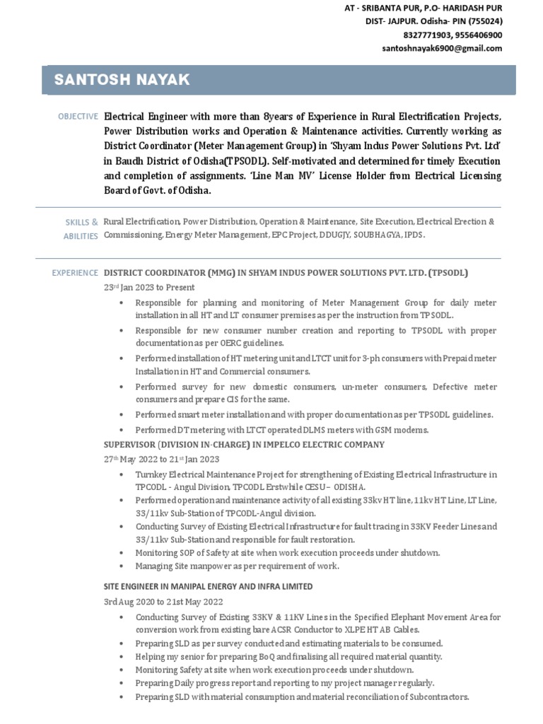 Santosh Nayak Resume | Download Free PDF | Electrical Substation | Rural Electrification