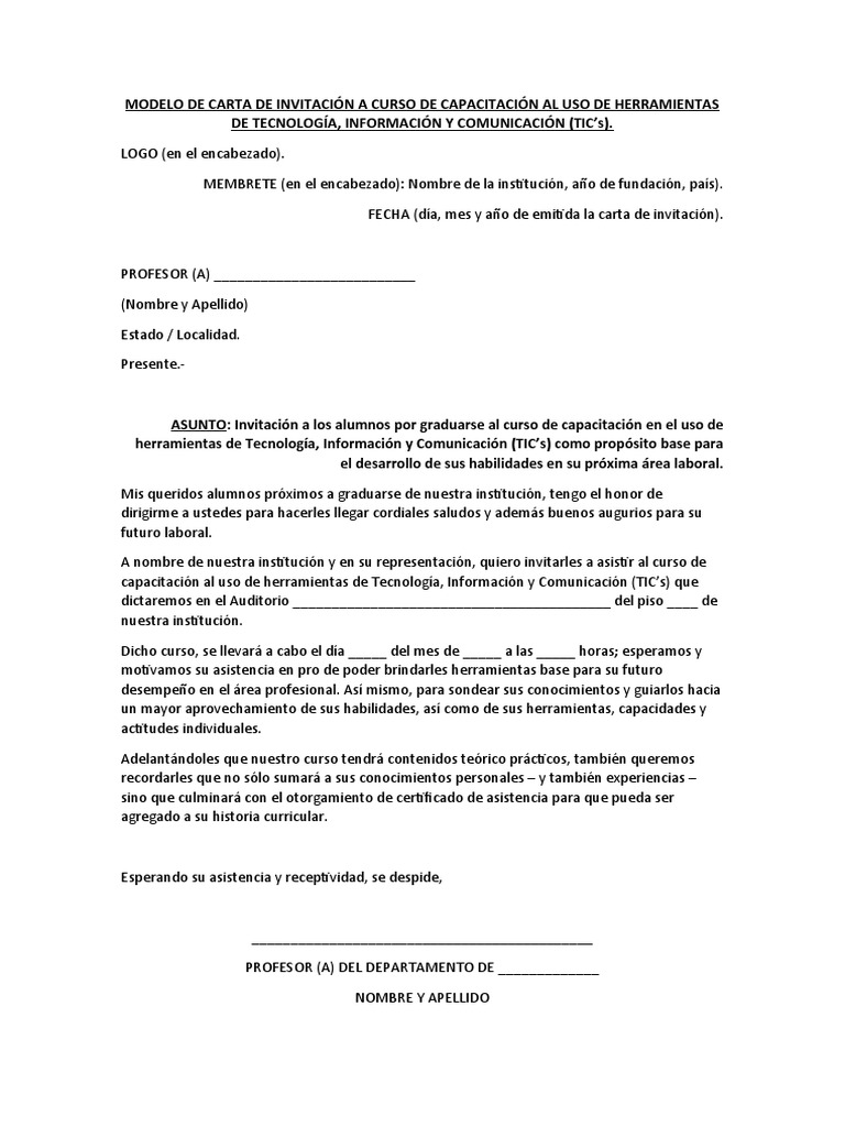 Modelo de Carta de Invitación A Curso de Capacitación Al Uso de ...