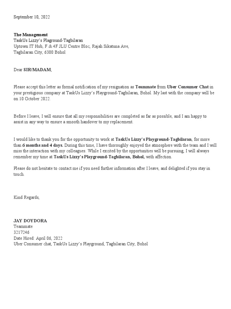 Resignation Letter from TaskUs Teammate | PDF