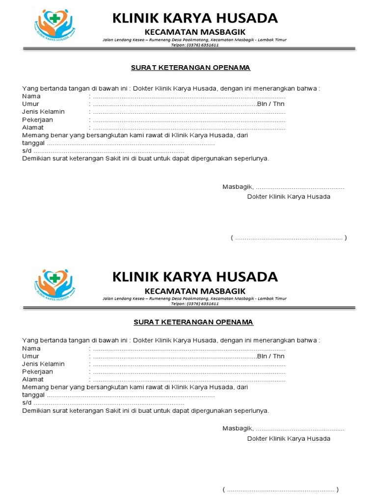 Surat Keterangan Opname Klinik Karya Husada | PDF