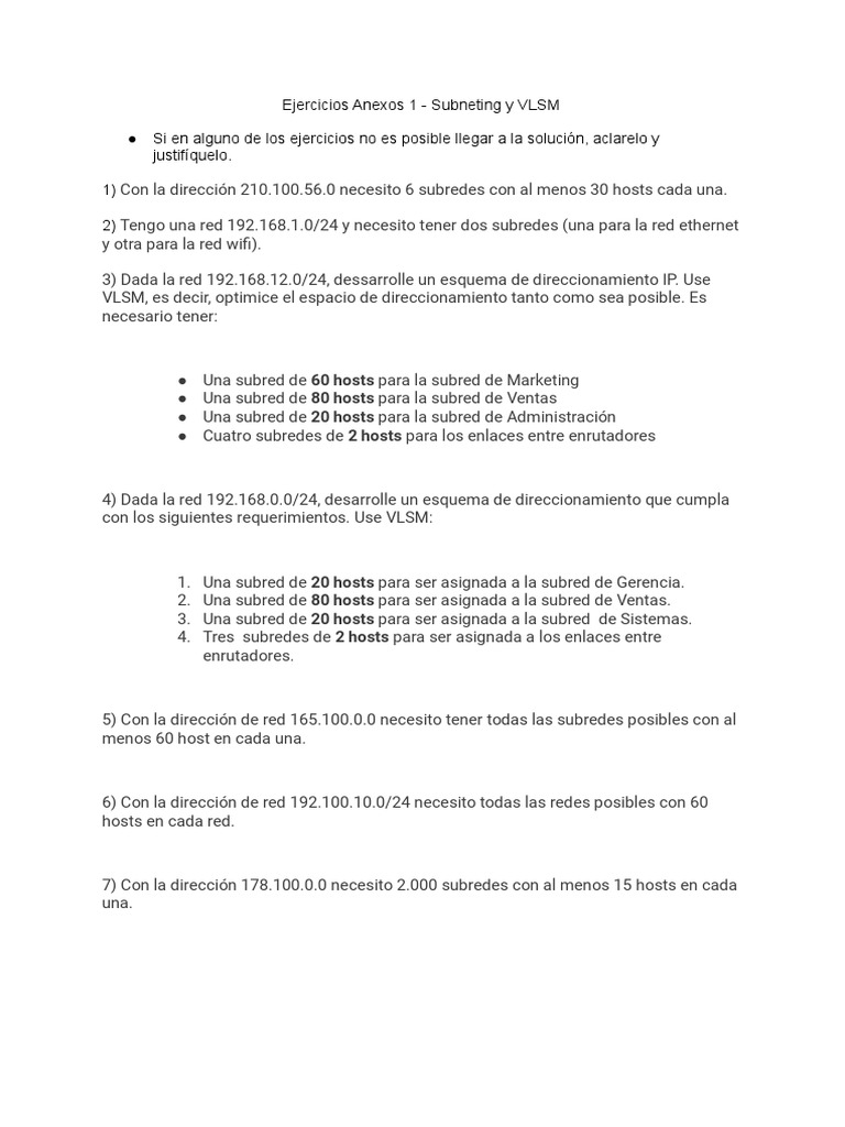 Ejercicios Anexos 1 - Subneting y VLSM | PDF