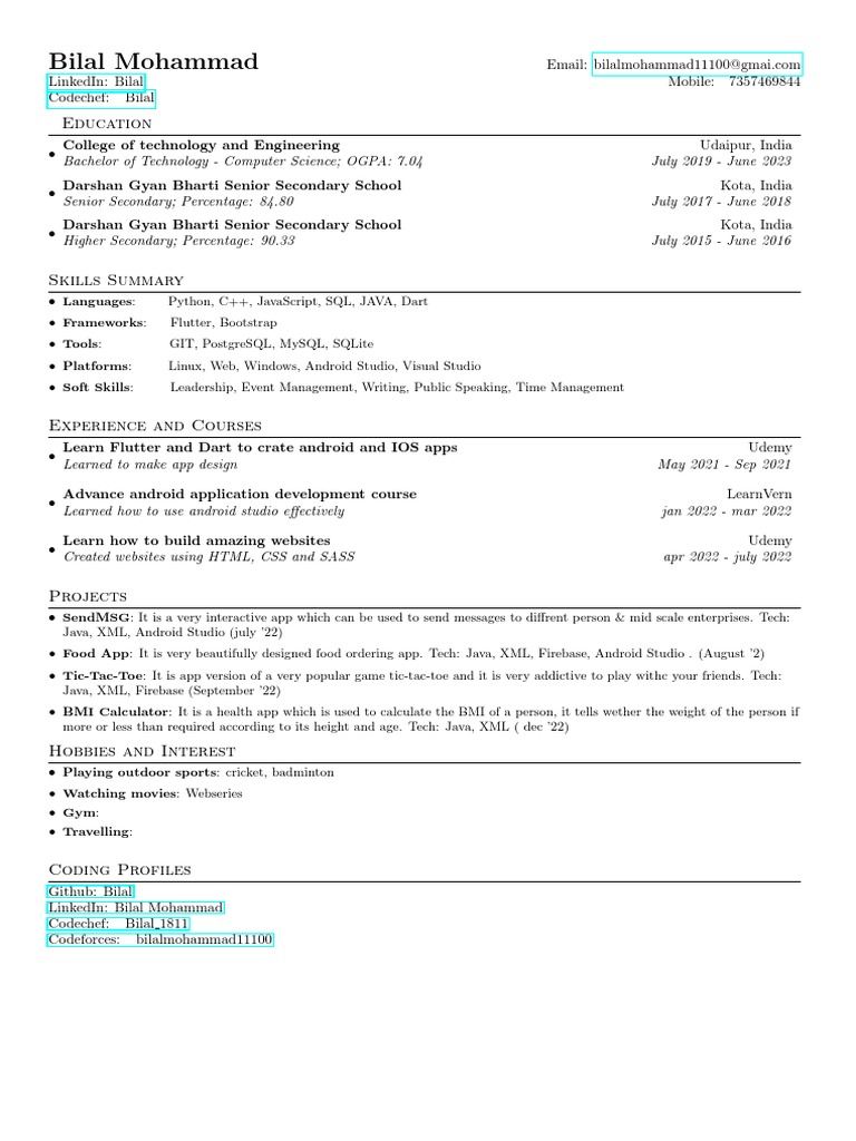 Bilal Mohammad Resume Final | PDF | Mobile App | Android (Operating System)