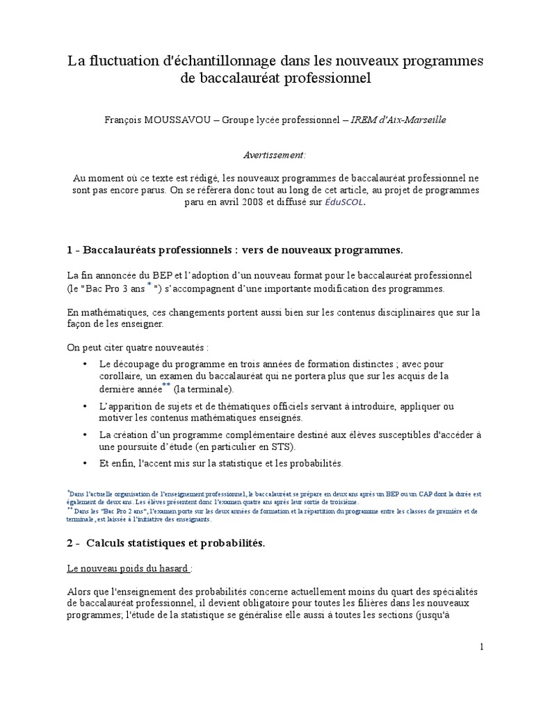 Fluctuation Echantillonnage en Bac Pro | PDF | Échantillonnage (Statistiques) | Statistiques