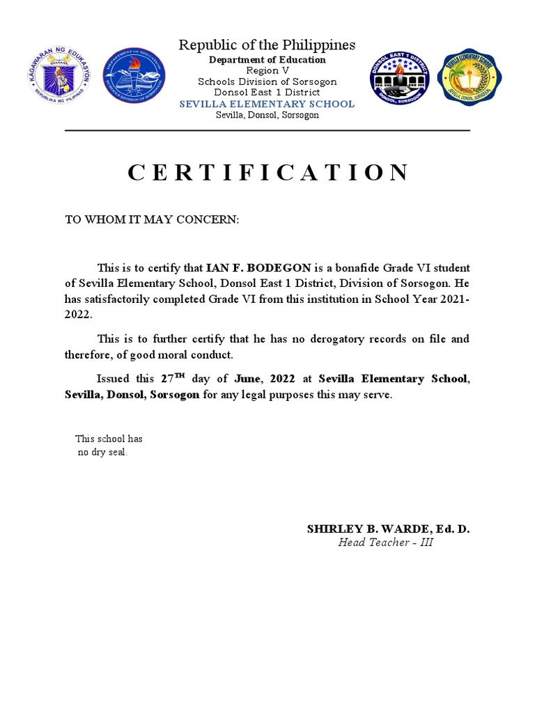 Certification of Good Moral | PDF | Government Related Organizations ...