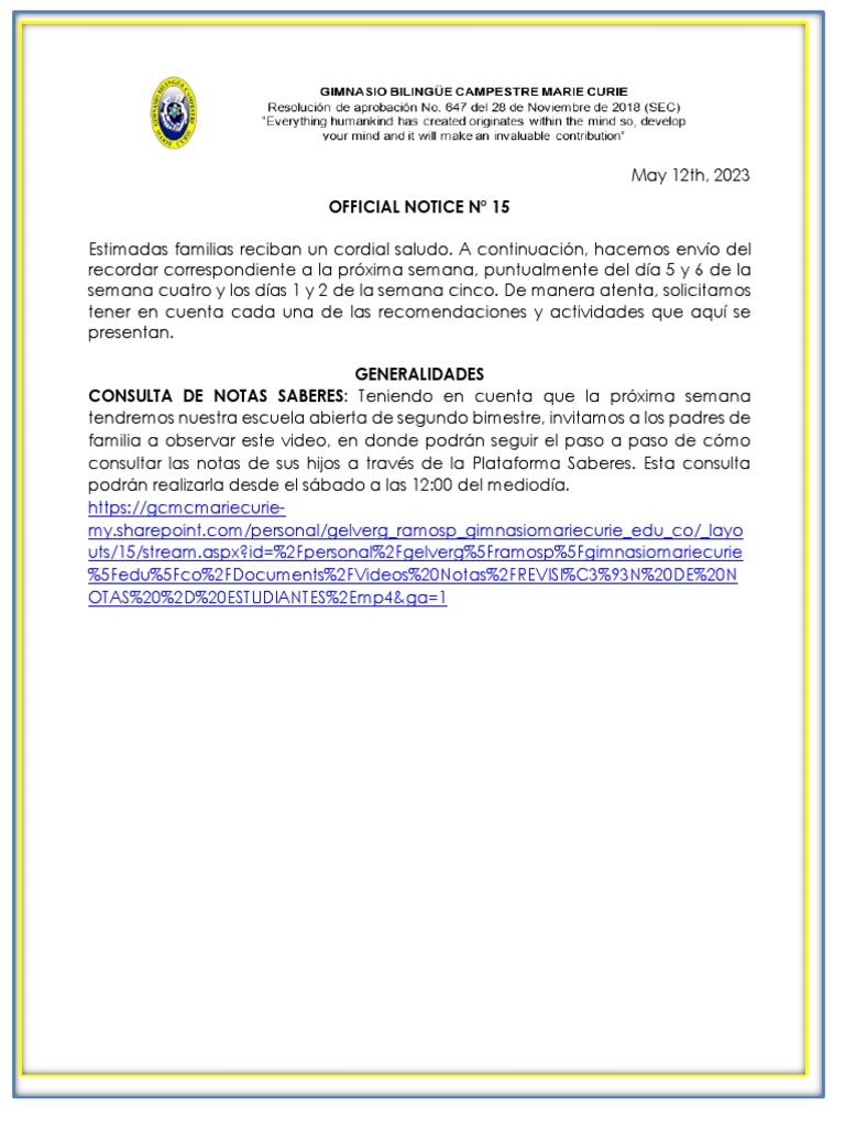 Weekly Reminder 15 | PDF