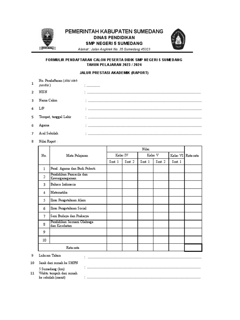 Format Formulir PPDB Jalur Prestasi SMPN 2023 | PDF