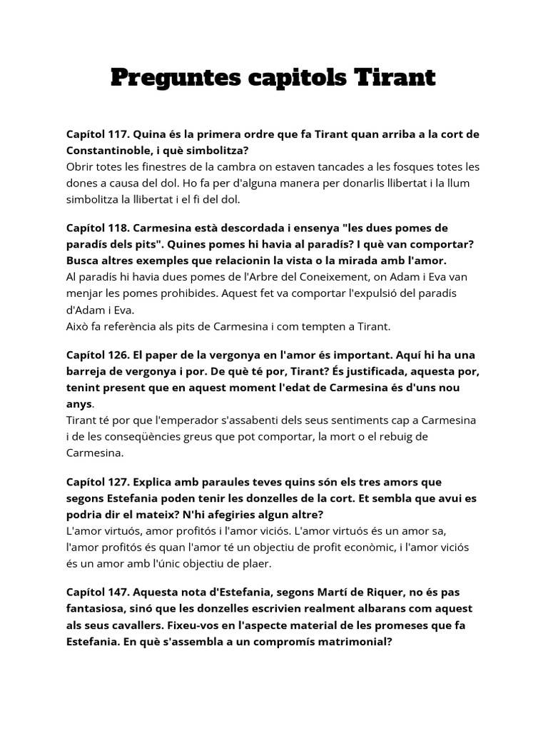 Preguntes Tirant I Reflexións | PDF