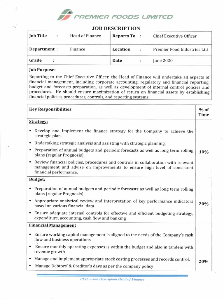 Job Description Head of Finance | PDF | Finance & Money Management