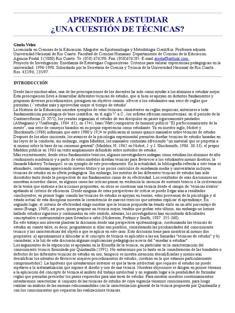 VELEZ GISELA. Aprender A Estudiar - Una Cuestión de Técnicas... | PDF | Aprendizaje | Conocimiento