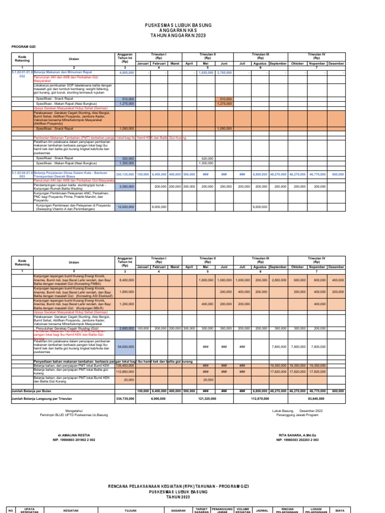 Gizi - Anggaran Kas, RPK Tahunan Dan Bulanan 2023 | PDF
