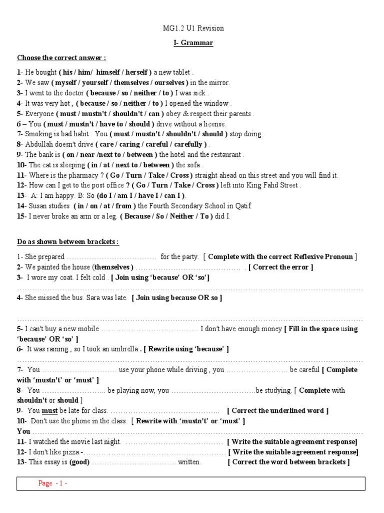 MG1.2 Unit 1 Grammar & Vocabulary Revision | PDF | Language Arts ...