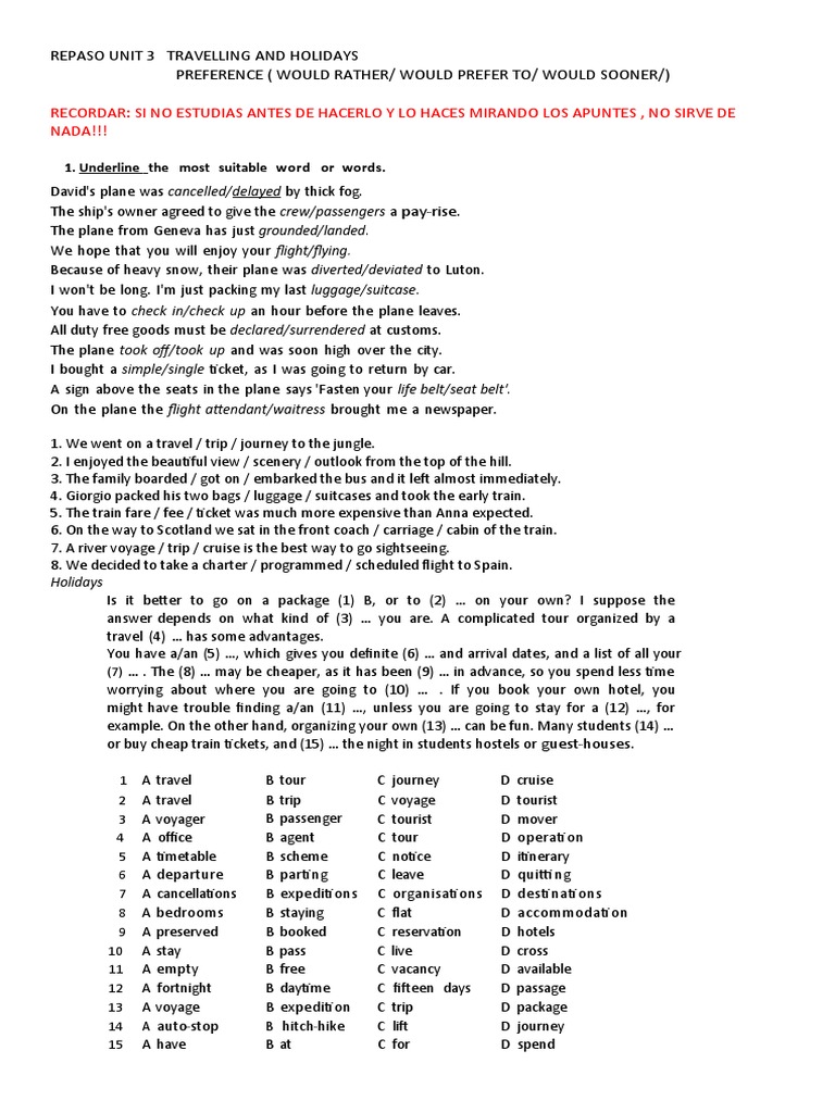Repaso Unit 3 Travelling and Holidays | PDF | Baggage | Transport