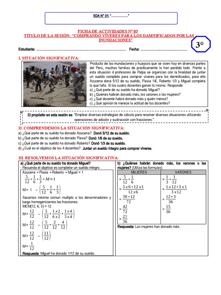SOLUCION FICHA 3 - 3ERO - EDA1 Secundaria, Suma Resta de Fracciones ...