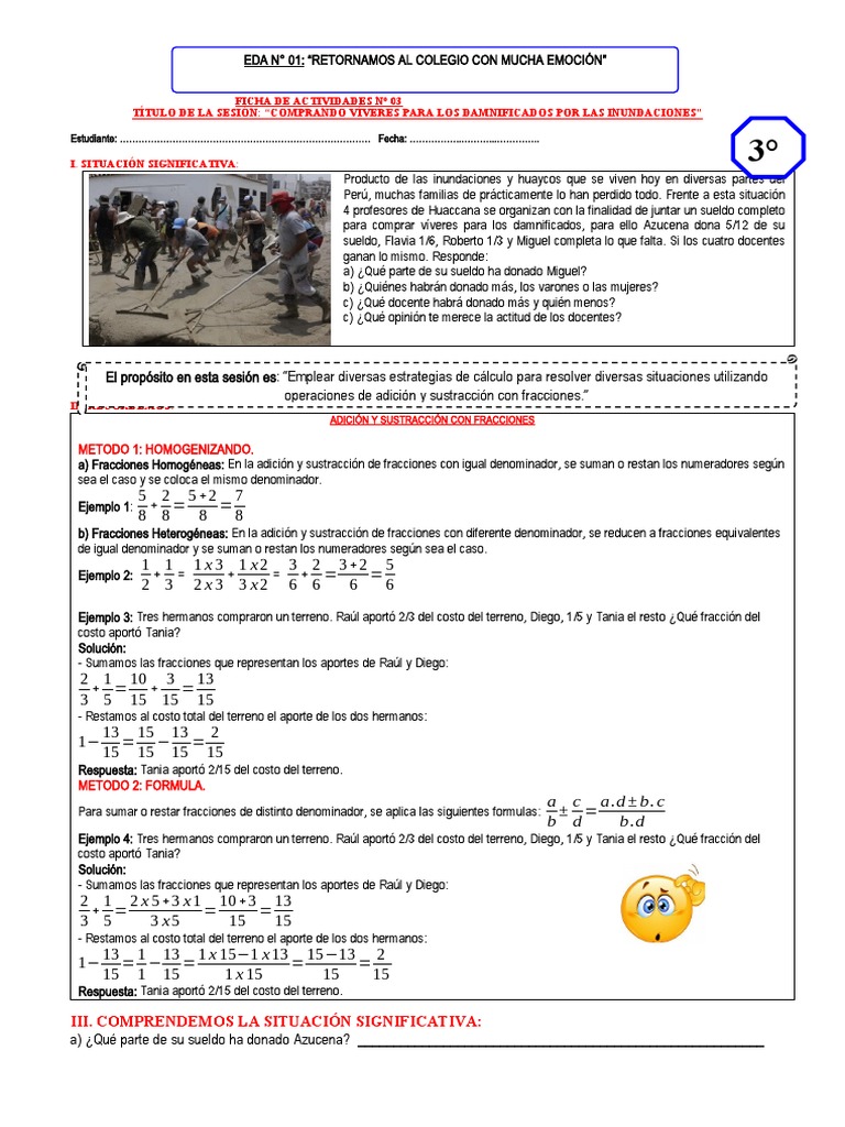 FICHA 3 - 3ERO - EDA1 Secundaria, Suma Resta de Fracciones | PDF | Sustracción | Aritmética