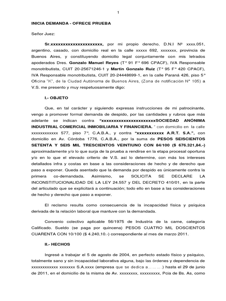 Demanda De Despido Modelo Pdf Daños Y Perjuicios Derecho Constitucional 